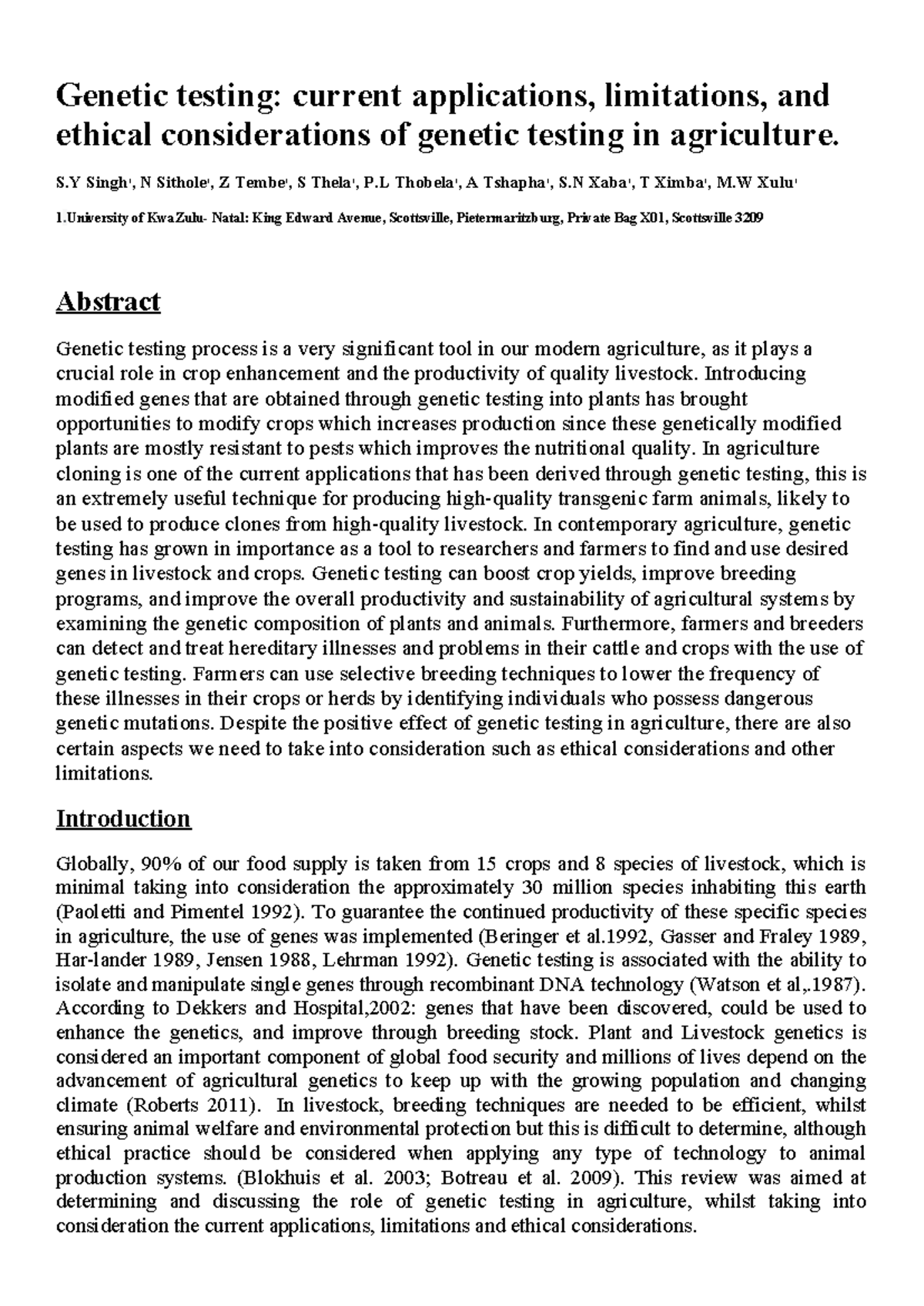 Genetic testing in Agriculture- Submission - Genetic testing: current ...