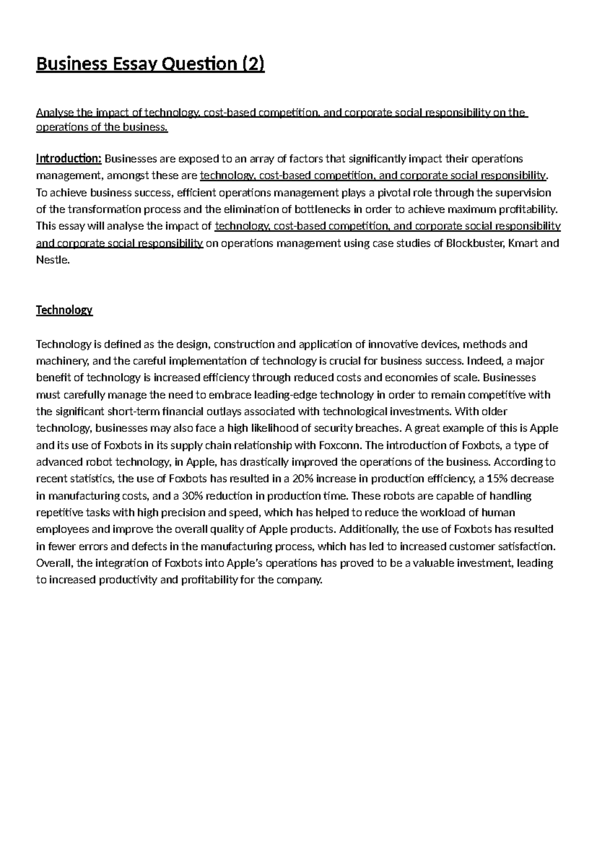 Business Essay Question - Introduction: Businesses are exposed to an ...