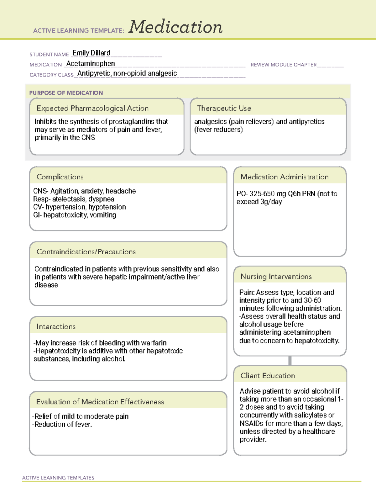 Acetaminophen - ACTIVE LEARNING TEMPLATES Medication STUDENT NAME - Studocu