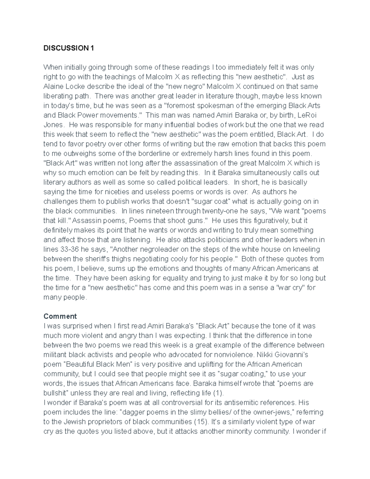 Unit 5 Discussion Comments - DISCUSSION 1 When initially going through ...