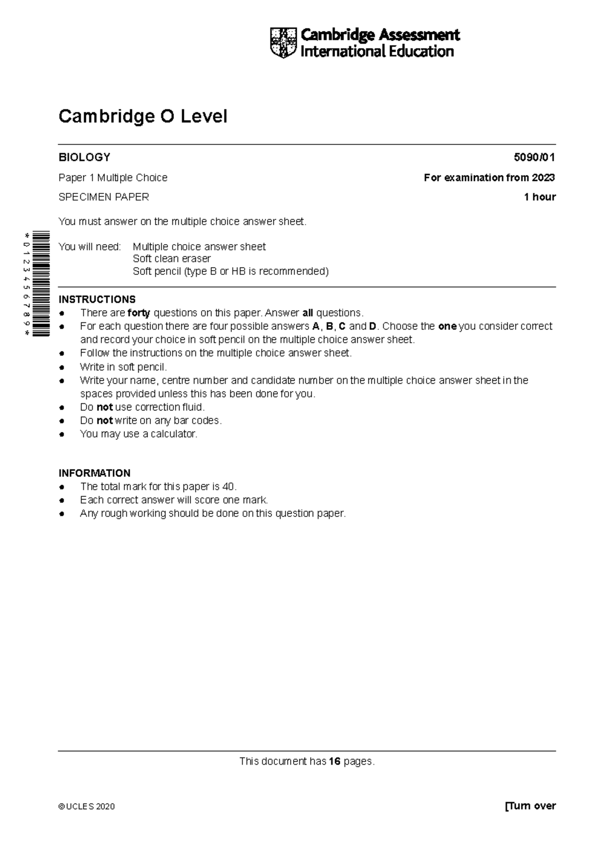 596117 2023 specimen paper 1 - Cambridge O Level BIOLOGY 5090/ Paper 1 ...