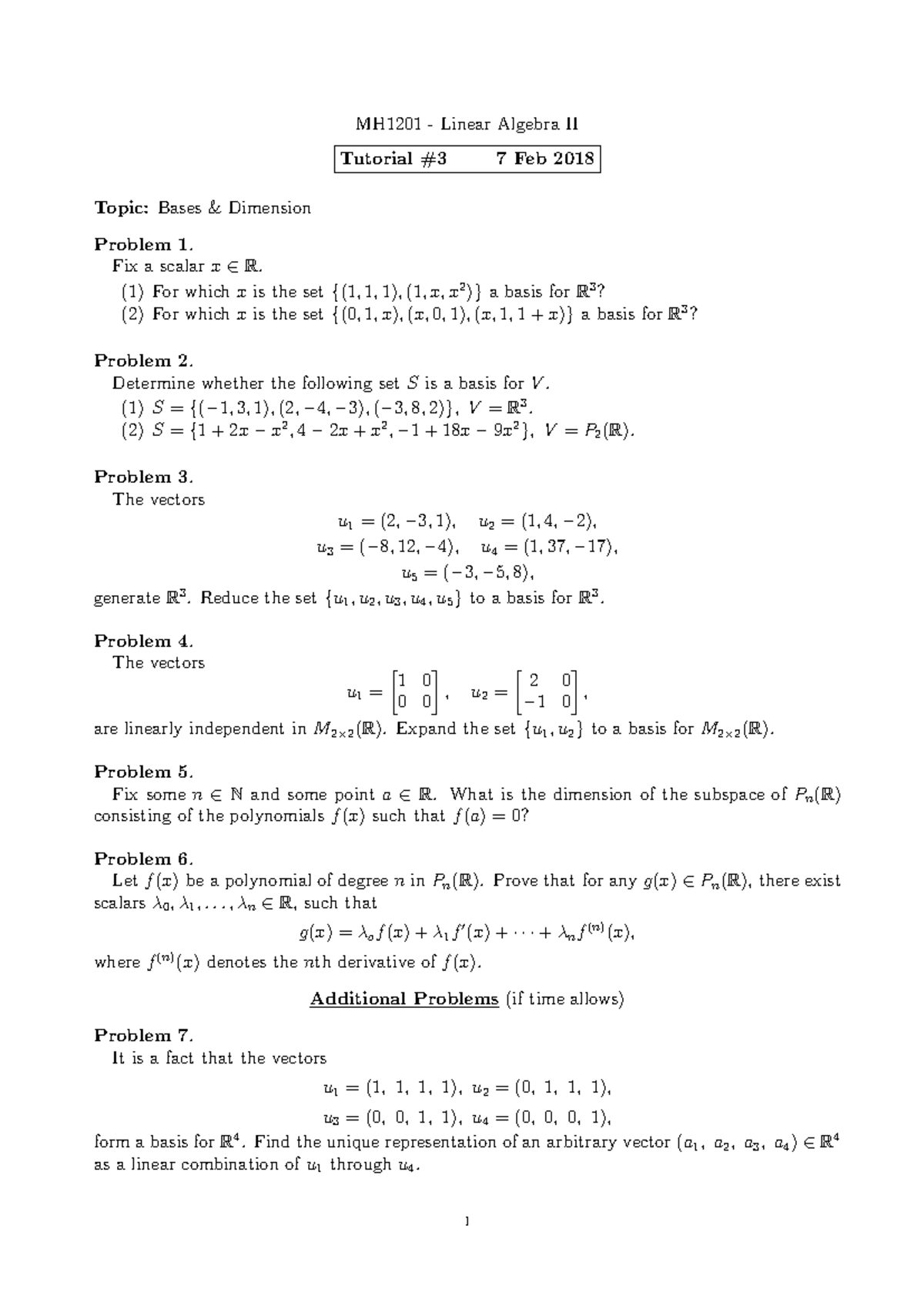 Tutorial 3 Questions - practice linier algebra - MH1201 - Linear Algebra II Tutorial #3 7 Feb ...