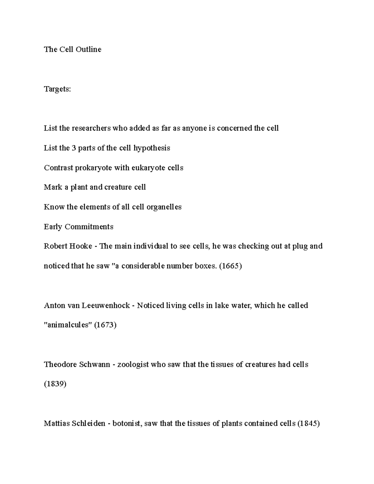 The Cell Outline - lecture notes - The Cell Outline Targets: List the ...