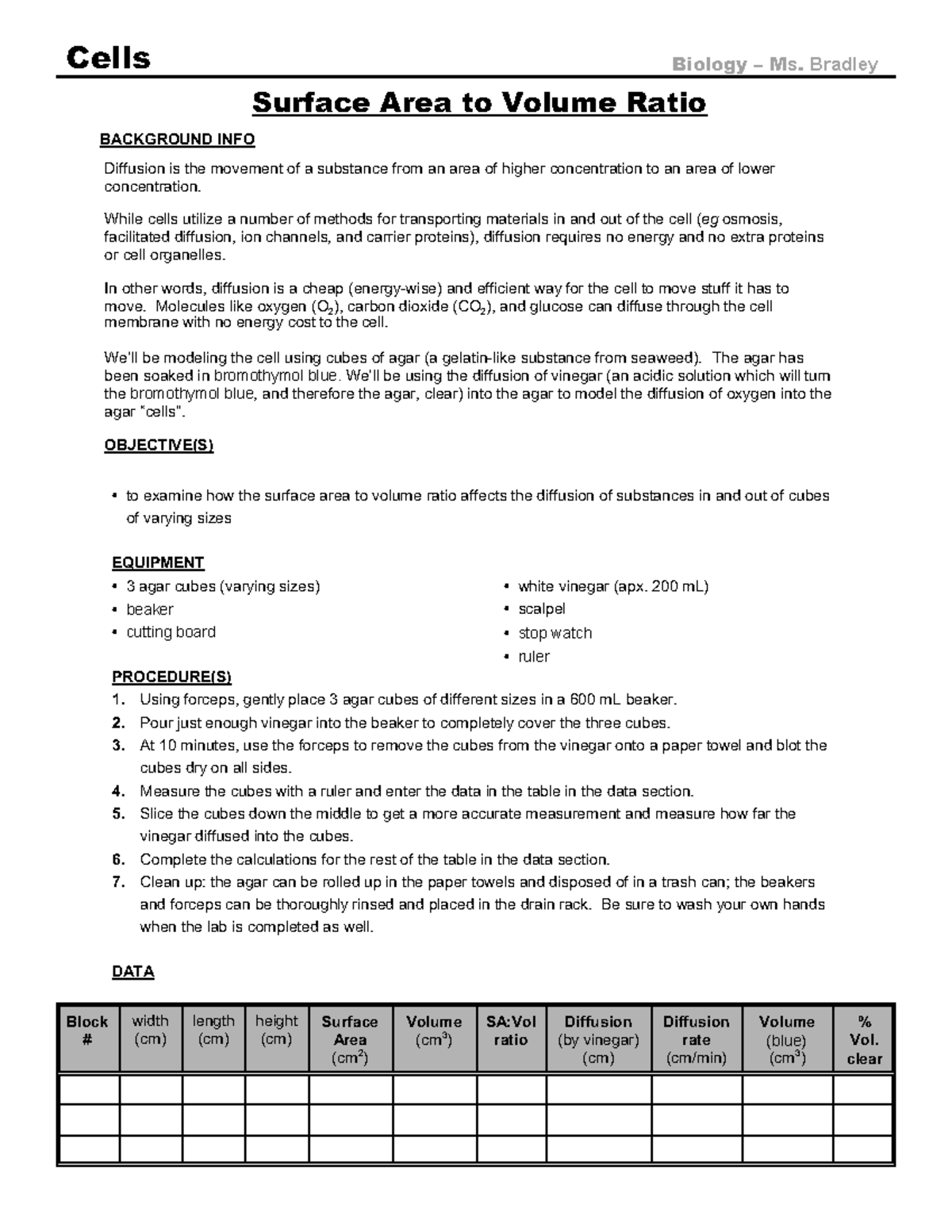 Lab - surface area - practise - Cells Biology – Ms. Bradley Surface ...