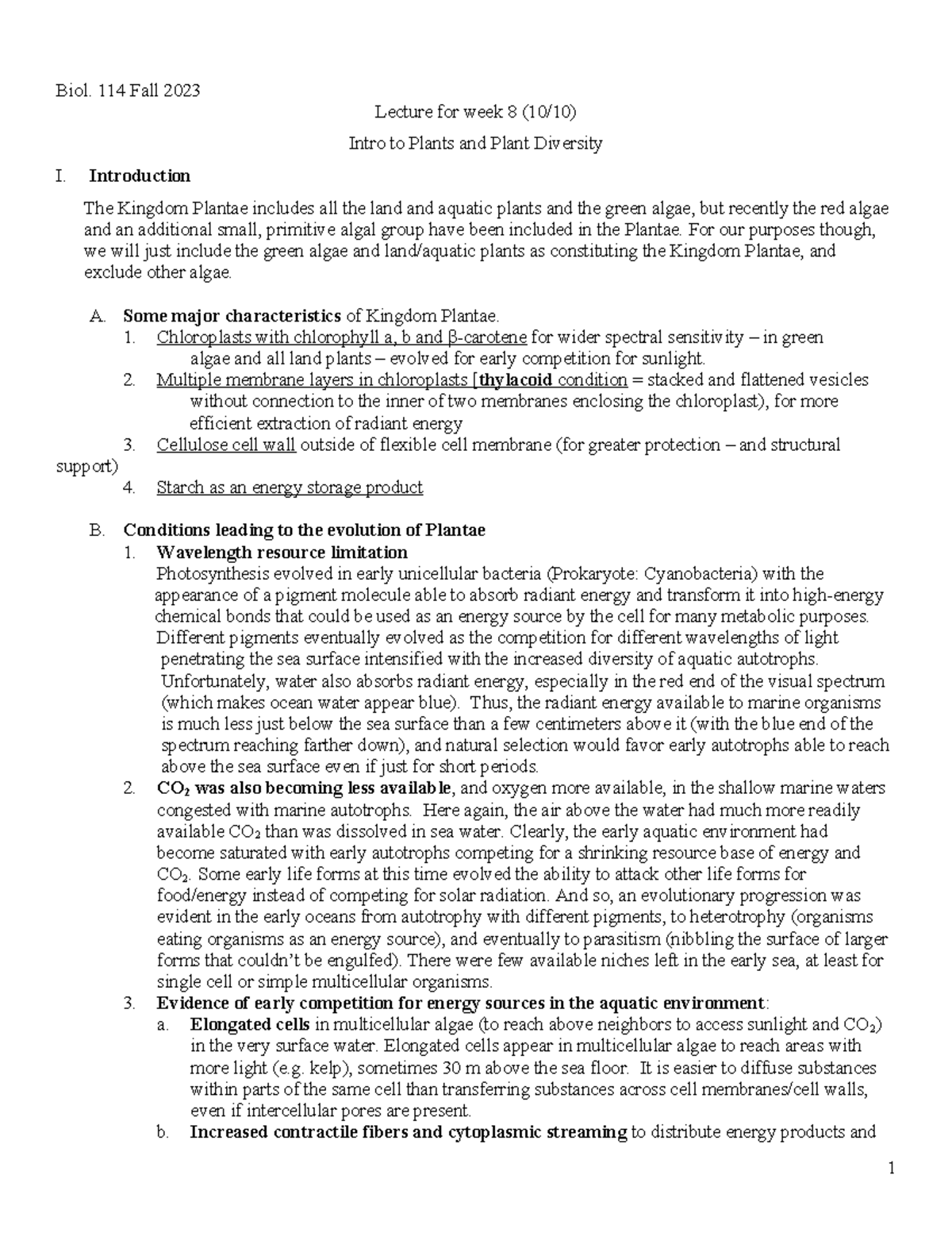 Notes Intro to Plants and Plant Diversity. - Biol. 114 Fall 2023 ...