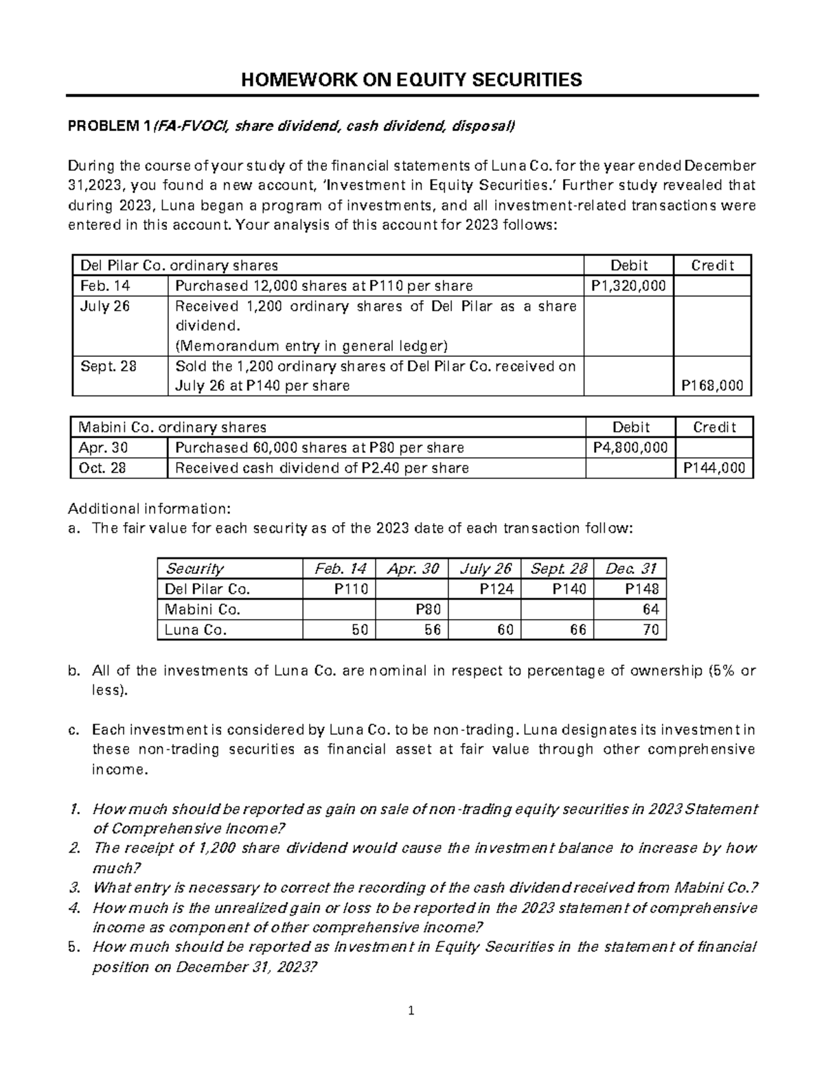 HW on Equity Securities A - 1 HOMEWORK ON EQUITY SECURITIES PROBLEM 1 ...