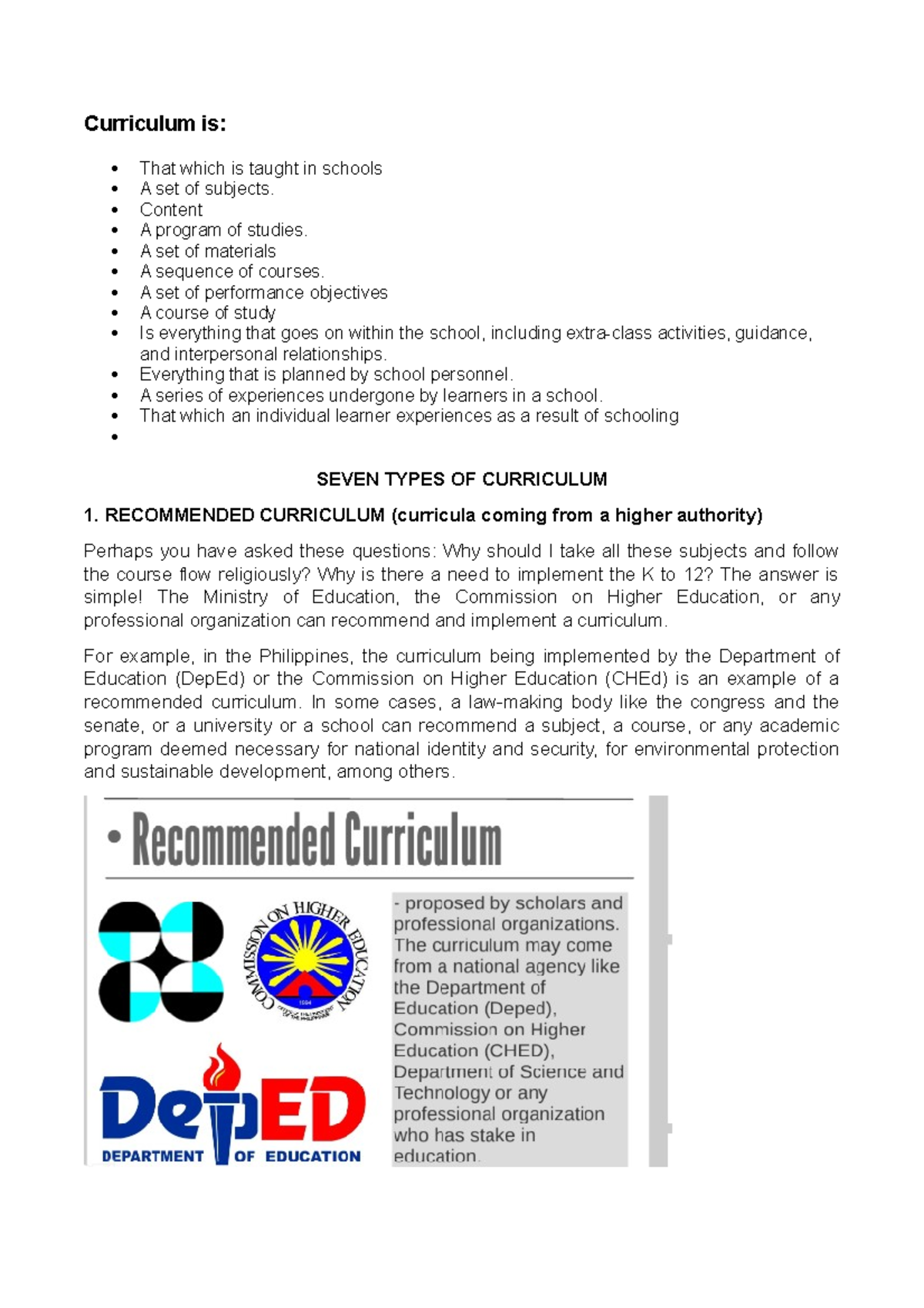 Seven Types OF Curriculum - Curriculum is: That which is taught in ...