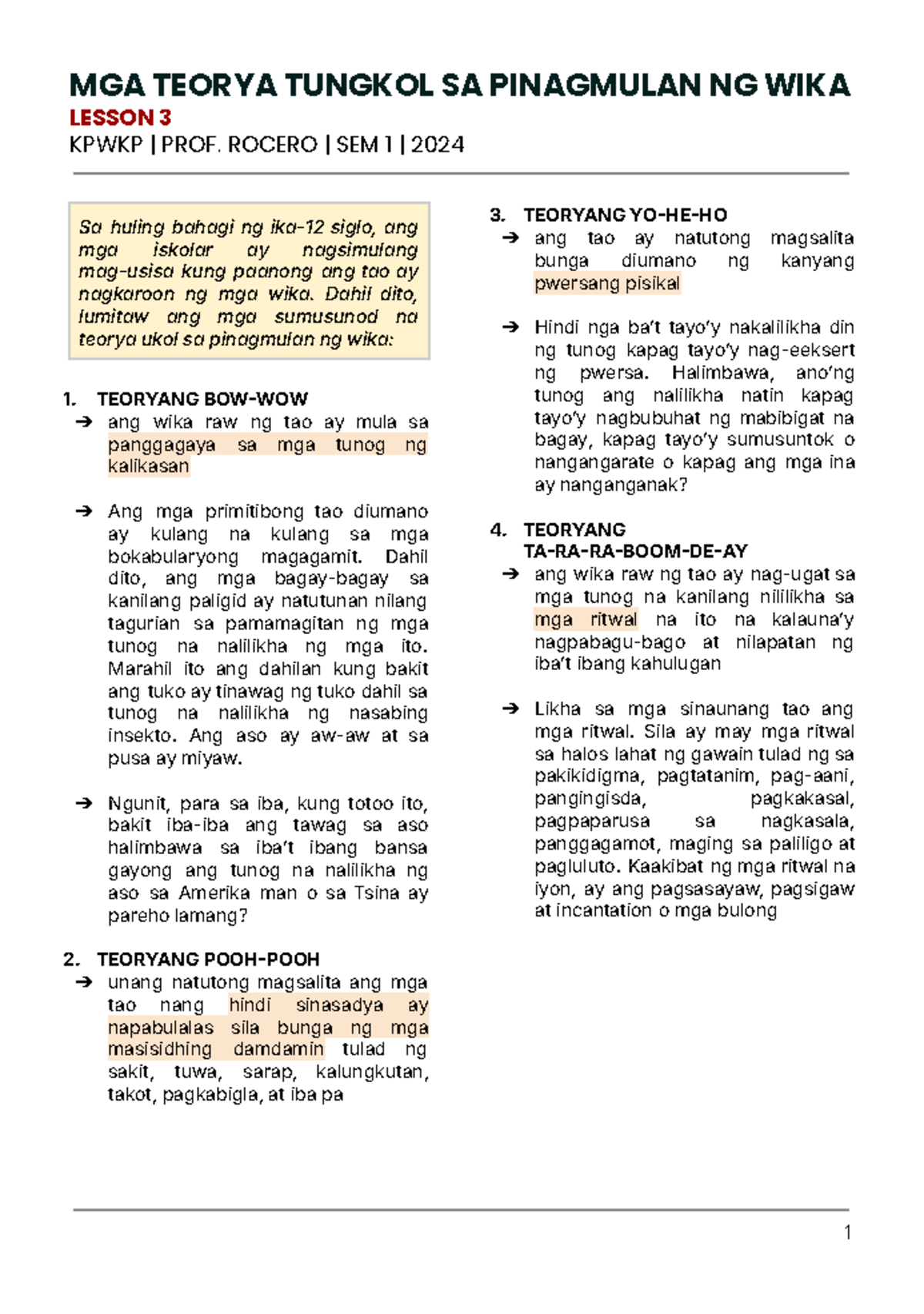 MGA Teorya Tungkol SA Pinagmulan NG WIKA - MGA TEORYA TUNGKOL SA ...