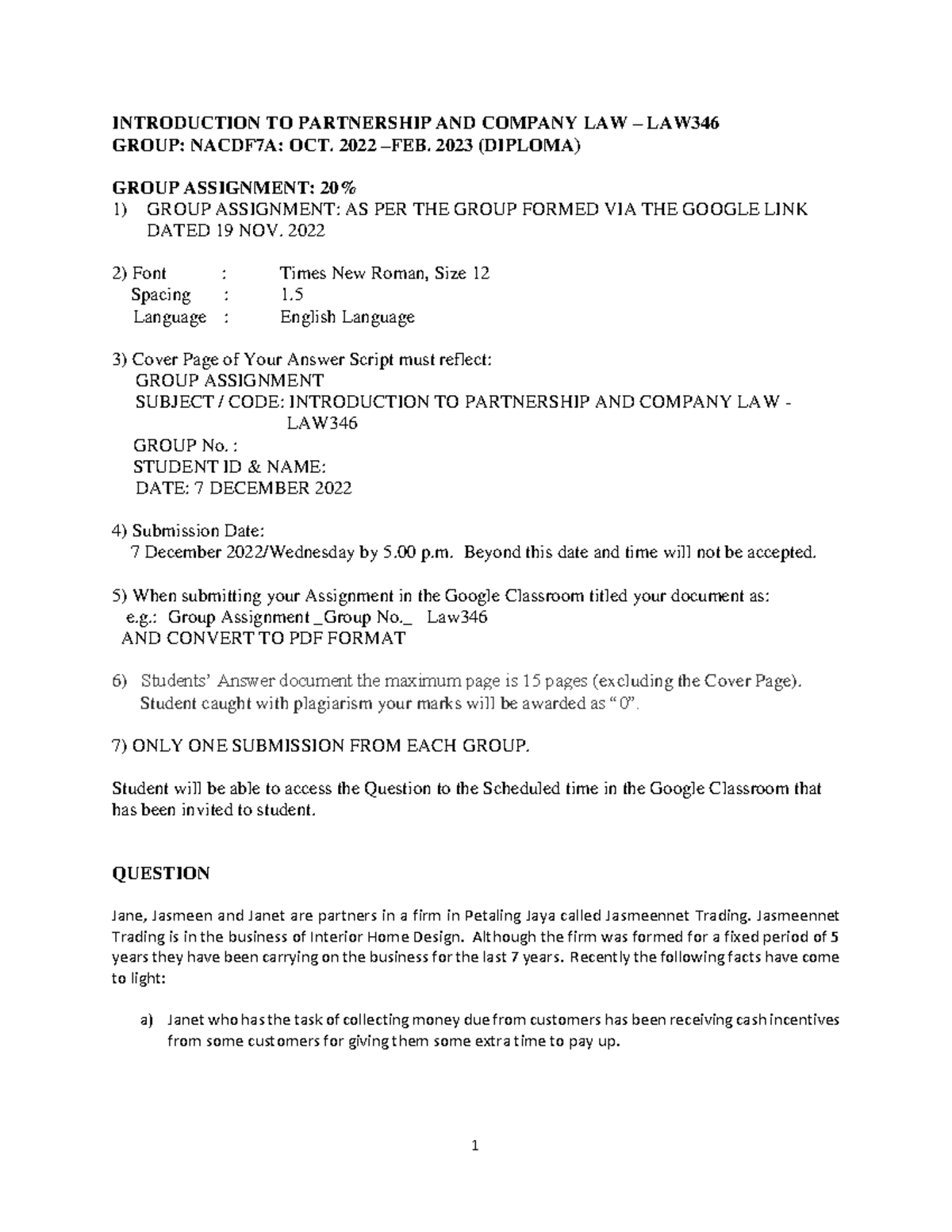 LAW346 Group Assignments - 1 INTRODUCTION TO PARTNERSHIP AND COMPANY ...