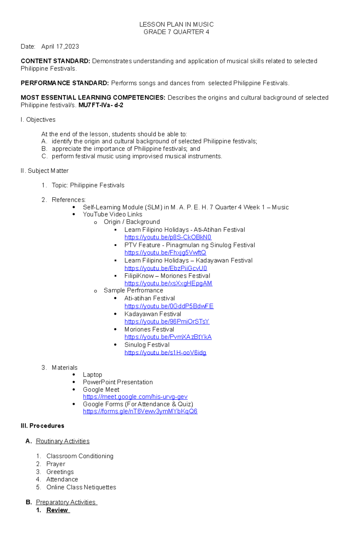 Final Grand DEMO IN Music Bucacao - LESSON PLAN IN MUSIC GRADE 7 ...