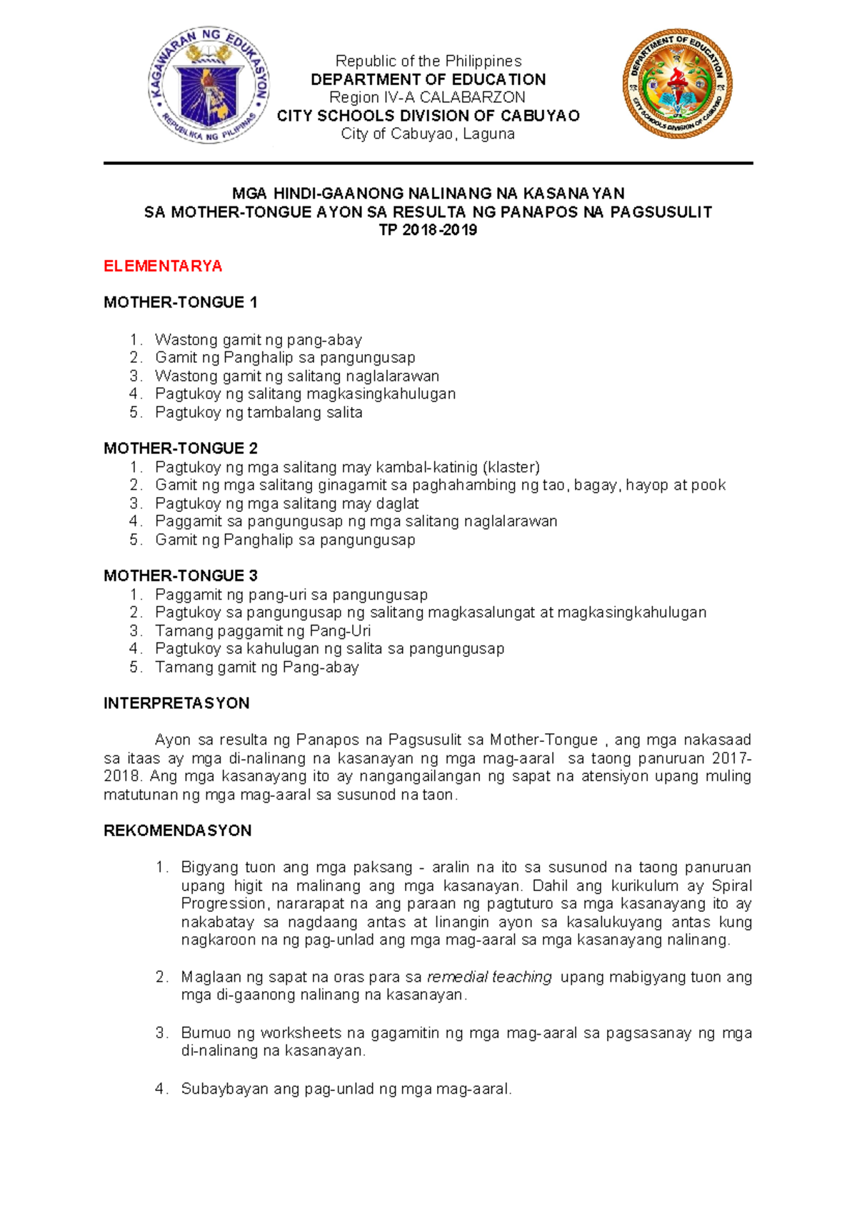 Least Mastered Skills - Learning Resources - DEPARTMENT OF EDUCATION Region IV-A CALABARZON CITY ...