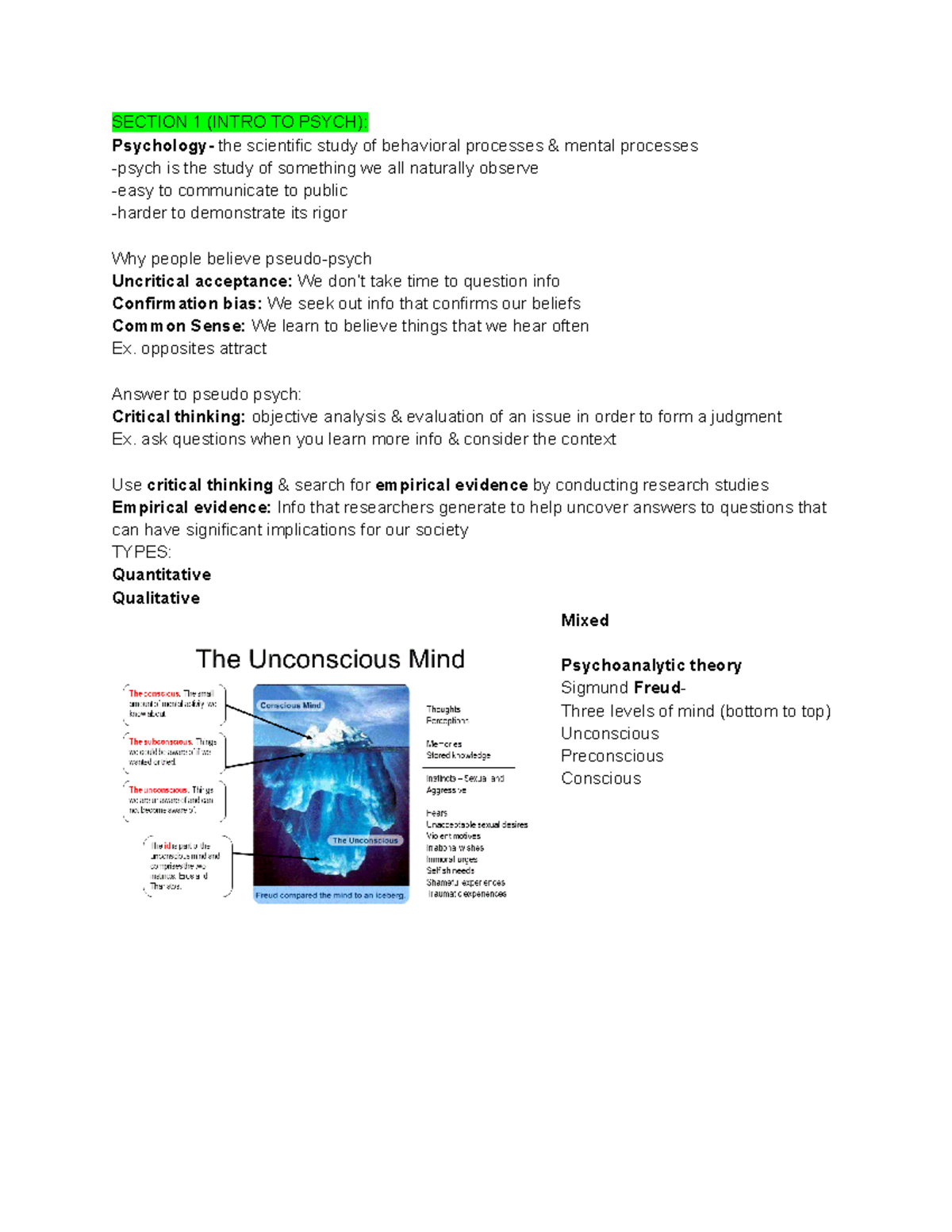 PSYC100 Sections 1-2 Lecture Notes - SECTION 1 (INTRO TO PSYCH ...