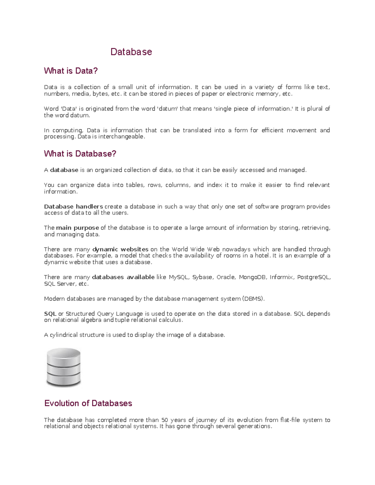Introduction to Database mangment System - Database What is Data? Data ...