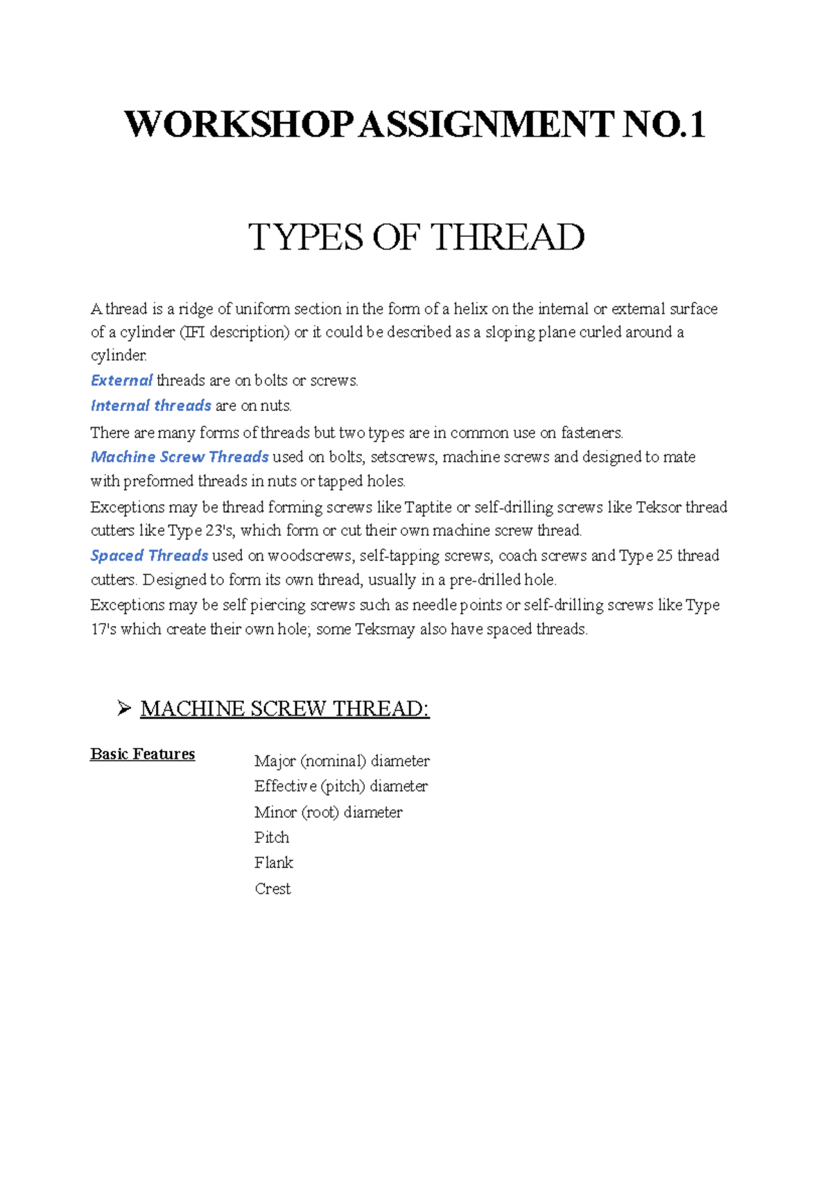 Workshop Assignment 01 - WORKSHOP ASSIGNMENT NO. TYPES OF THREAD A ...