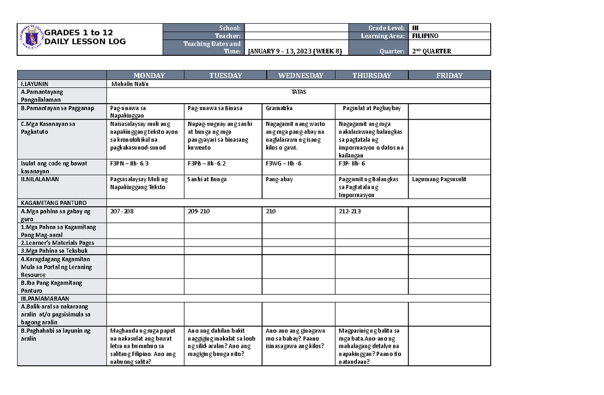 DLL Filipino 3 Q2 W8 - teachers - GRADES 1 to 12 DAILY LESSON LOG ...