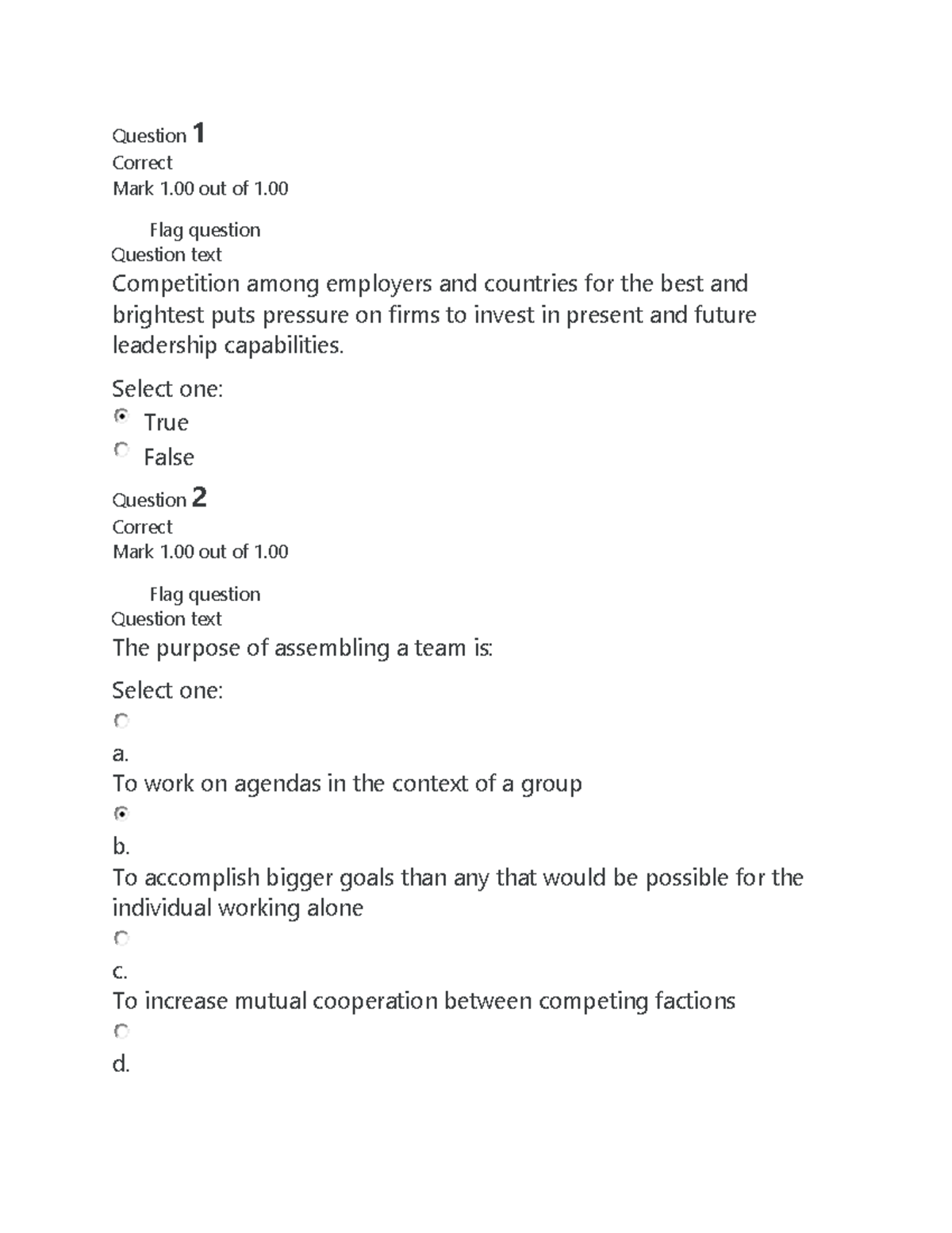 Bus1101 Self Quiz 1 - Question 1 Correct Mark 1 out of 1. Flag question Question text ...
