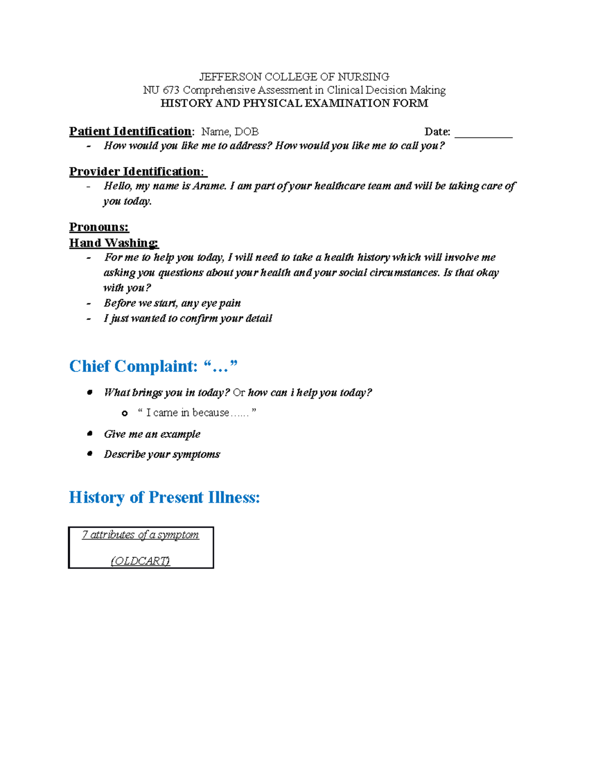 Health History Assessment - JEFFERSON COLLEGE OF NURSING NU 673 ...