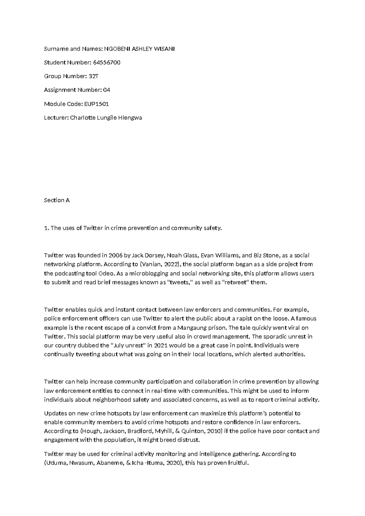 EUP1501-23-S1-32T Assignment 4 ( Submited) - Surname and Names: NGOBENI ...