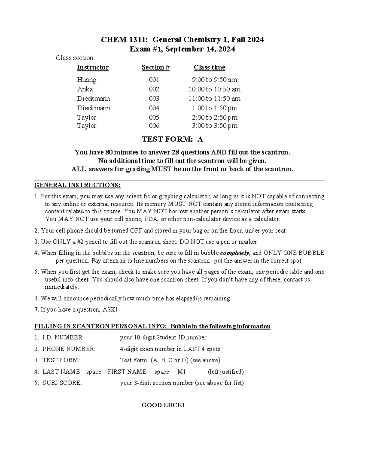 Exam1 1311 F24 v A Blank - nnnn - CHEM 131 1 : General Chemistry 1 ...