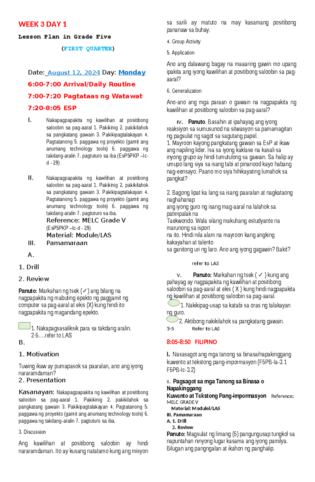 Q 1 WEEK 3 DAY 1 - Lesson Plan in Grade 5 - WEEK 3 DAY 1 Lesson Plan in ...