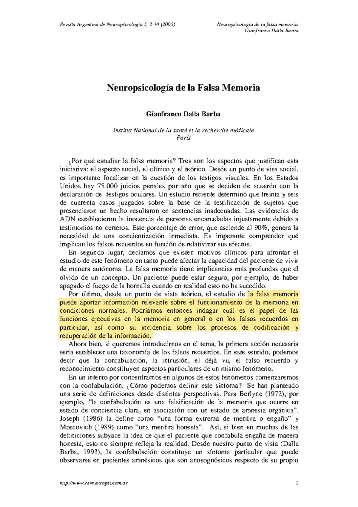 Neuropsicologia de la Falsa Memoria - Gianfranco Dalla Barba ...