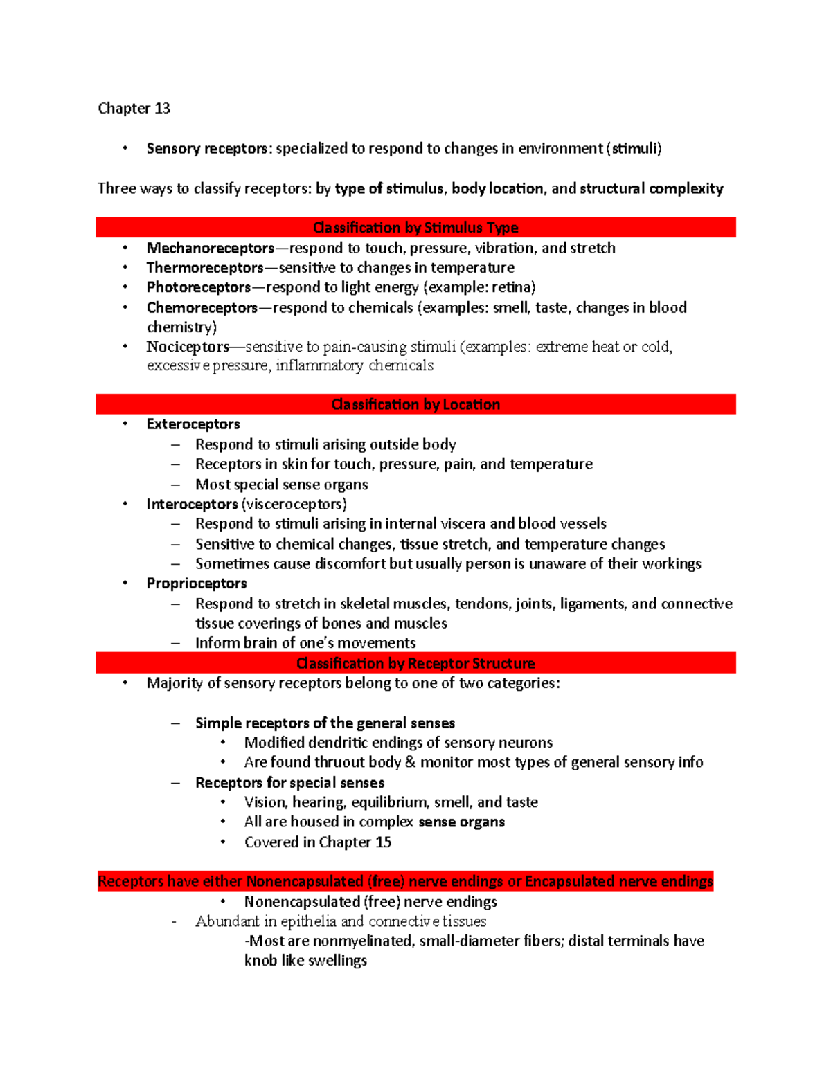 Chapter 13 - notes - Chapter 13 Sensory receptors: specialized to ...