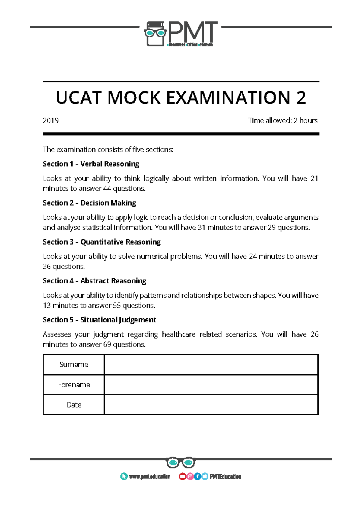 Https:pmt - enjoy - UCAT MOCK EXAMINATION 2 2019 Time allowed: 2 hours ...