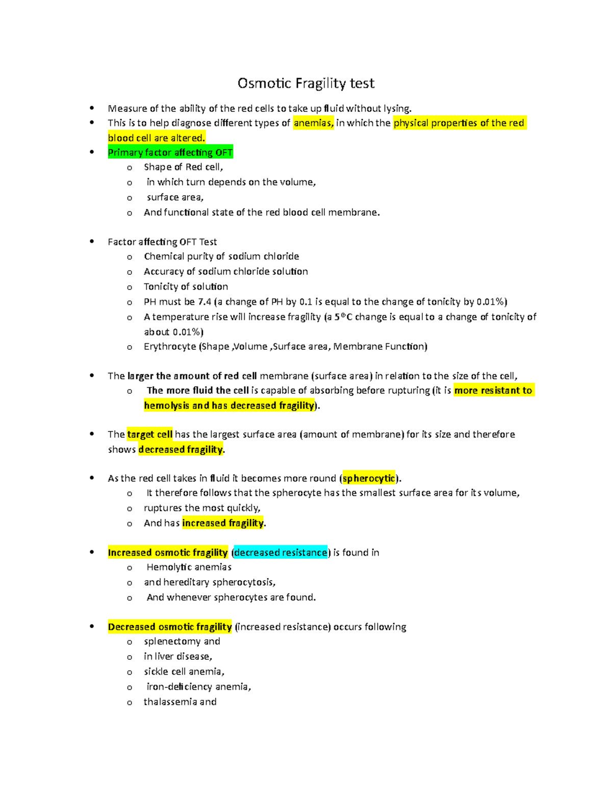 OFT - OFT hematology - Osmotic Fragility test Measure of the ability of ...