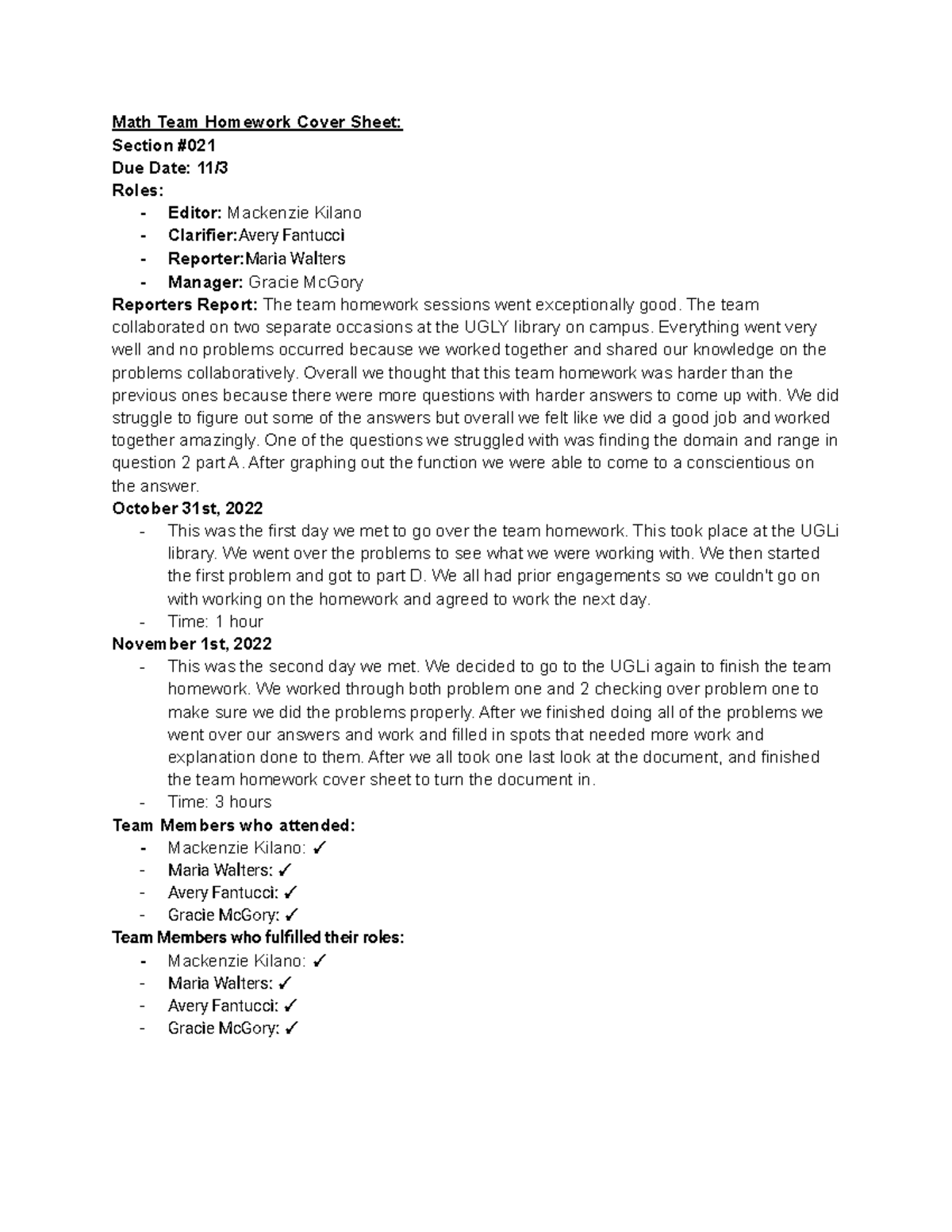Team HW 3 - math team homework 3, 105 - Math Team Homework Cover Sheet: Section # Due Date: 11 ...