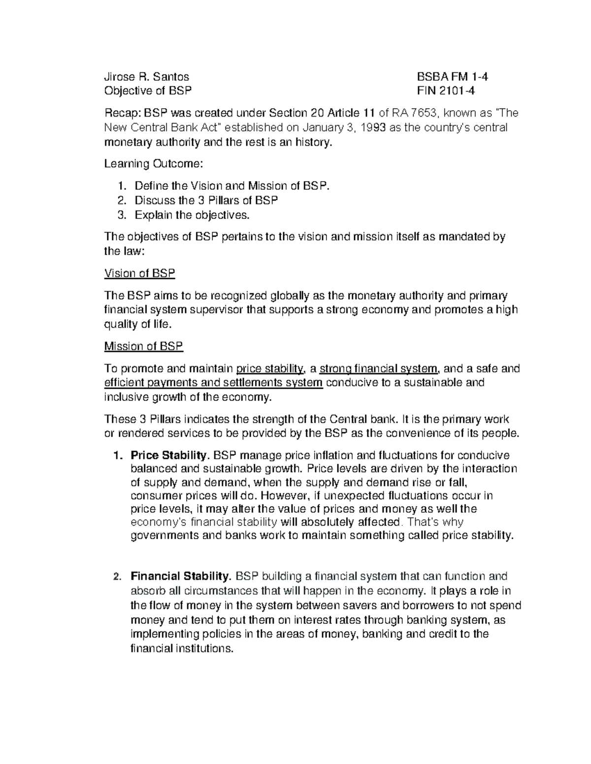 Module 2.3 Objectives of BSP - Santos, J.R - Jirose R. Santos BSBA FM 1 ...