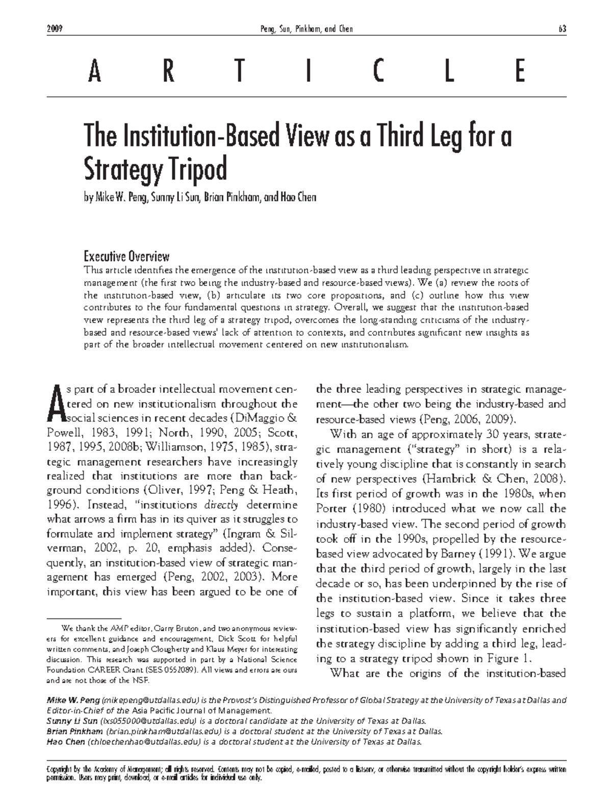 The institution-based view as a third leg for a strategy tripod - A R T ...