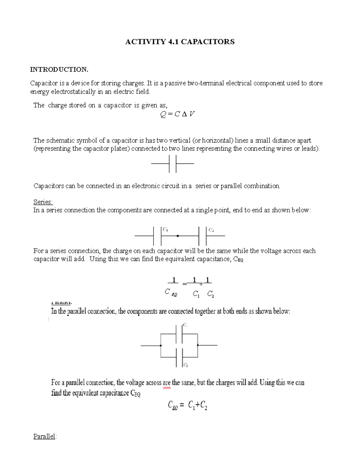 Activity 4.1 Capacitors - ACTIVITY 4 CAPACITORS INTRODUCTION. Capacitor ...