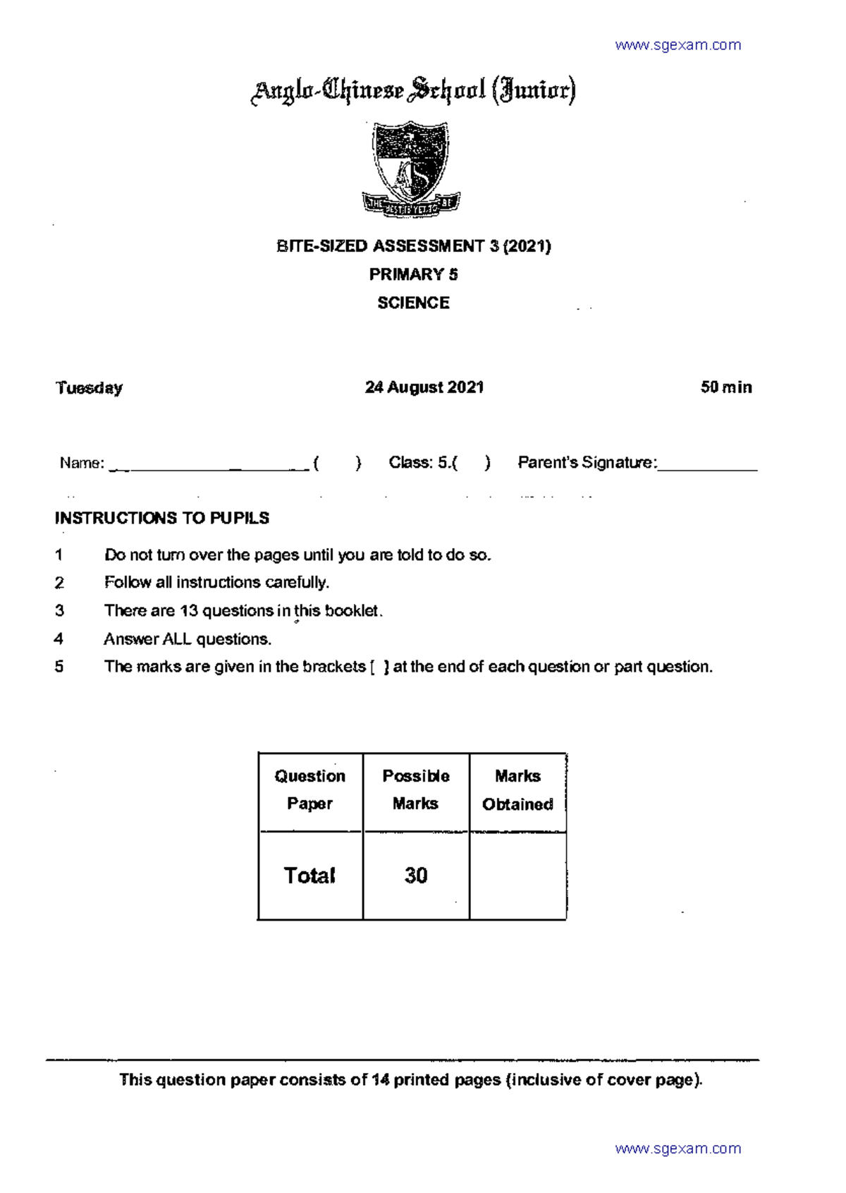 2021 P5 Science BA3 ACS - Tuesday gln-0 tqnnl ( unint) r : f-; BITE-SIZED ASSESSMENT 3 (2021 ...