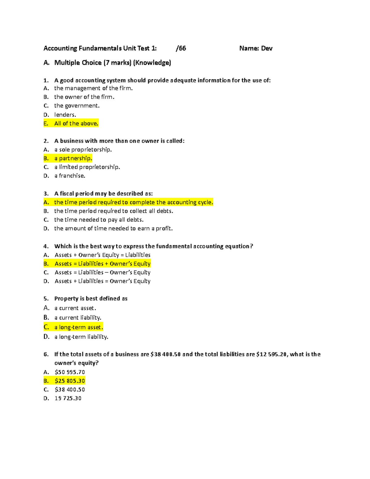 Unit 1 Test - Grade 11 Accounting Unit Test 1 - Accounting Fundamentals ...