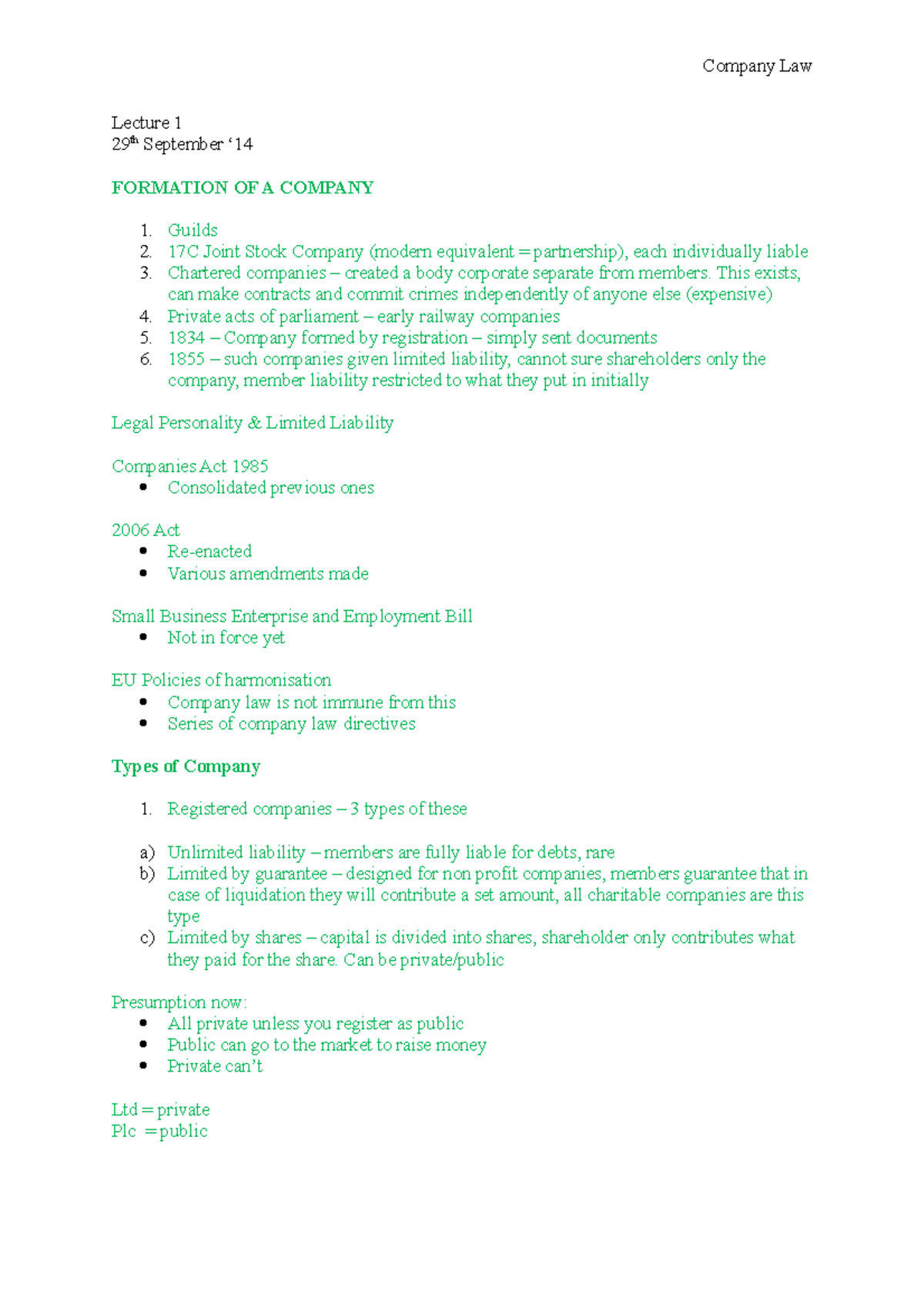 Company Lecture Notes - Company Law Lecture 1 29th September FORMATION ...