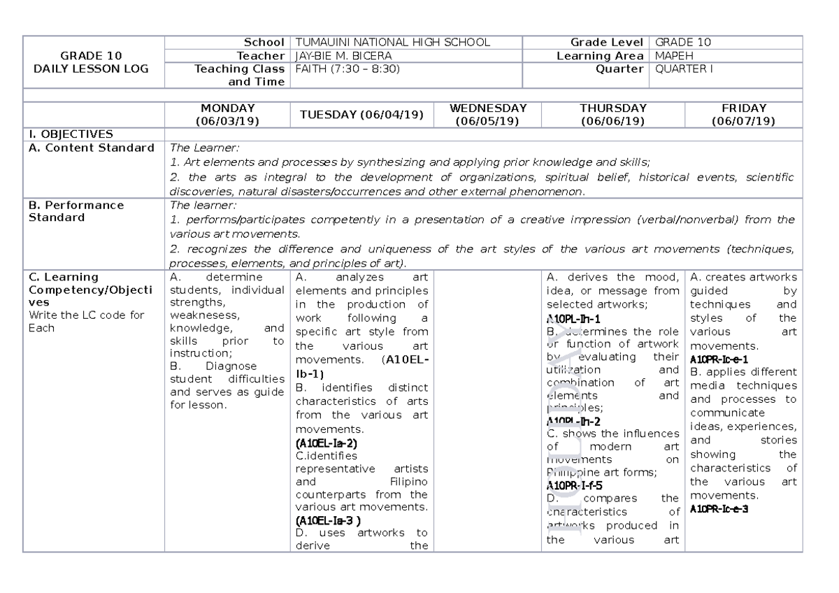 Arts Q1 - Week 1 - DLL Arts 10 Q1 - Week 1 - GRADE 10 DAILY LESSON LOG ...