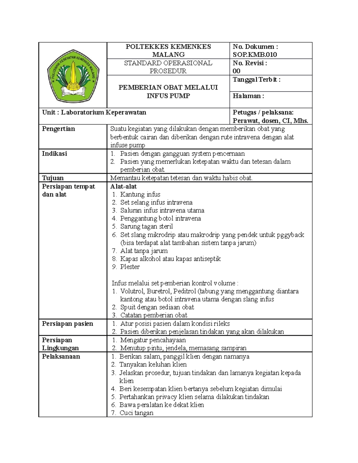 SOP Infus PUMP - SOP - POLTEKKES KEMENKES MALANG No. Dokumen : SOP ...