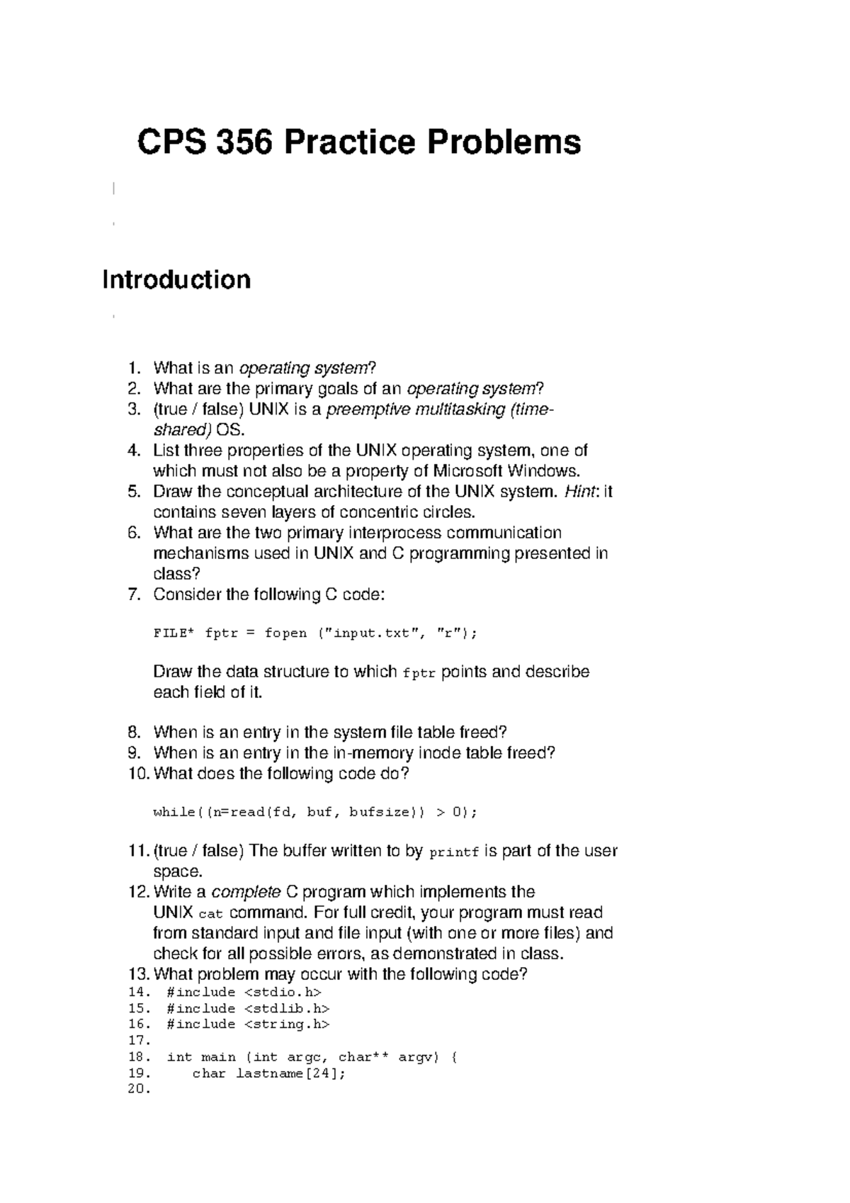 2009-2010 Practice Problems - CPS 356 Practice Problems Introduction 1 ...