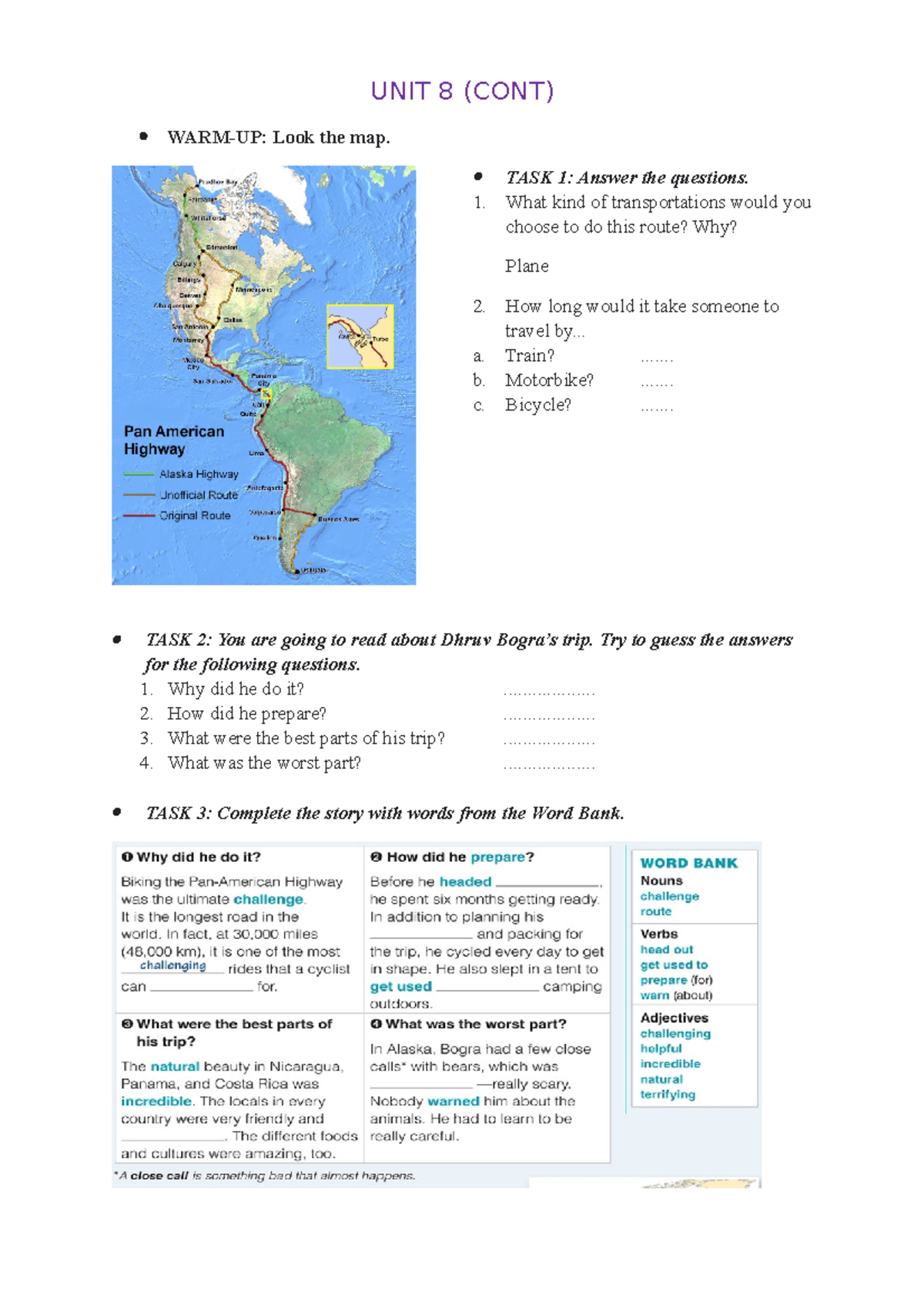 UNIT 8 (cont) - none - UNIT 8 (CONT) WARM-UP: Look the map. TASK 1 ...
