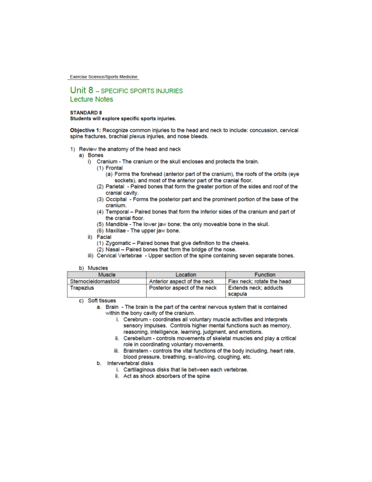 Notes 1 Sports Injuries Class Notes - Exercise Medicine Unit 8 SPECIFIC ...