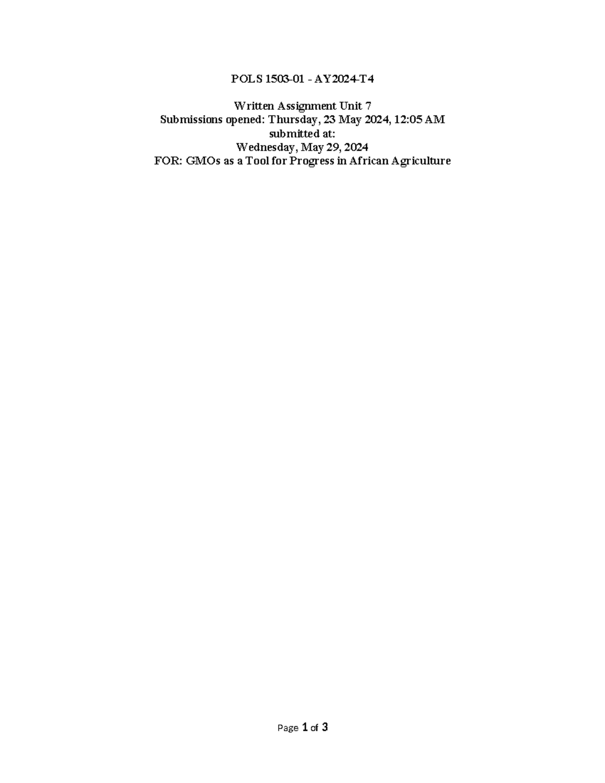 POLS 1503.docx.POLS 1503-01 - AY2024-T4 - POLS 1503-01 - AY2024-T Written Assignment Unit 7 ...