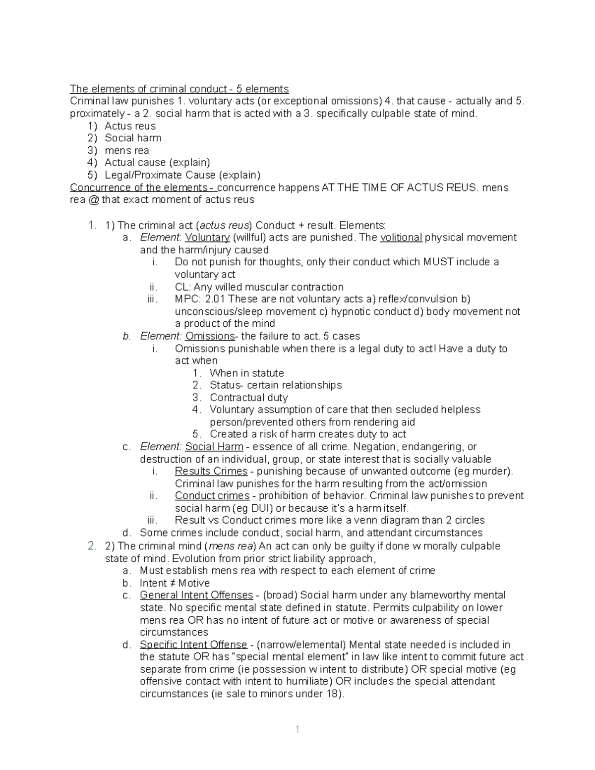 criminal law outline - The elements of criminal conduct - 5 elements ...