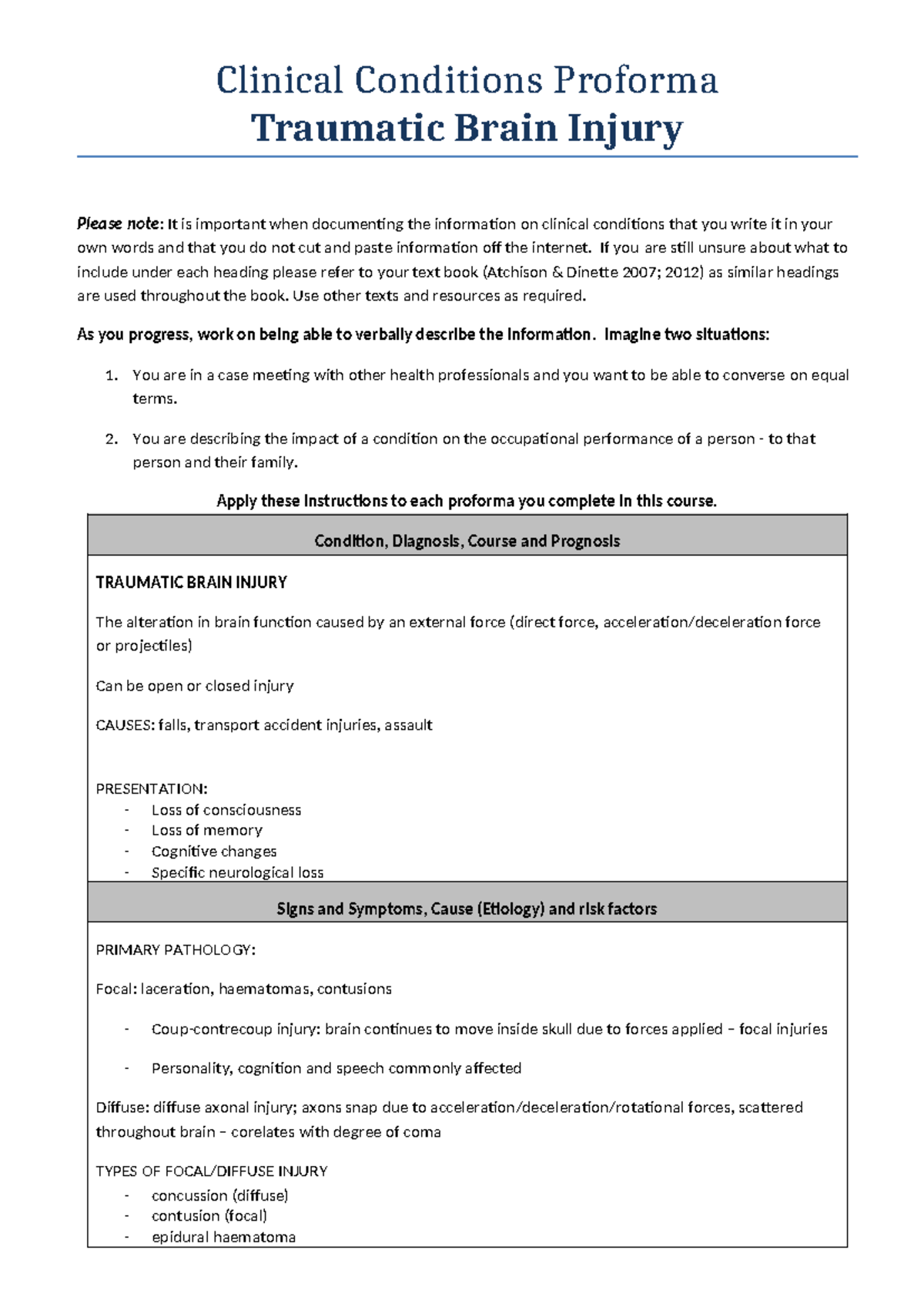 Proforma 1 - Traumatic Brain Injury - Clinical Conditions Proforma ...