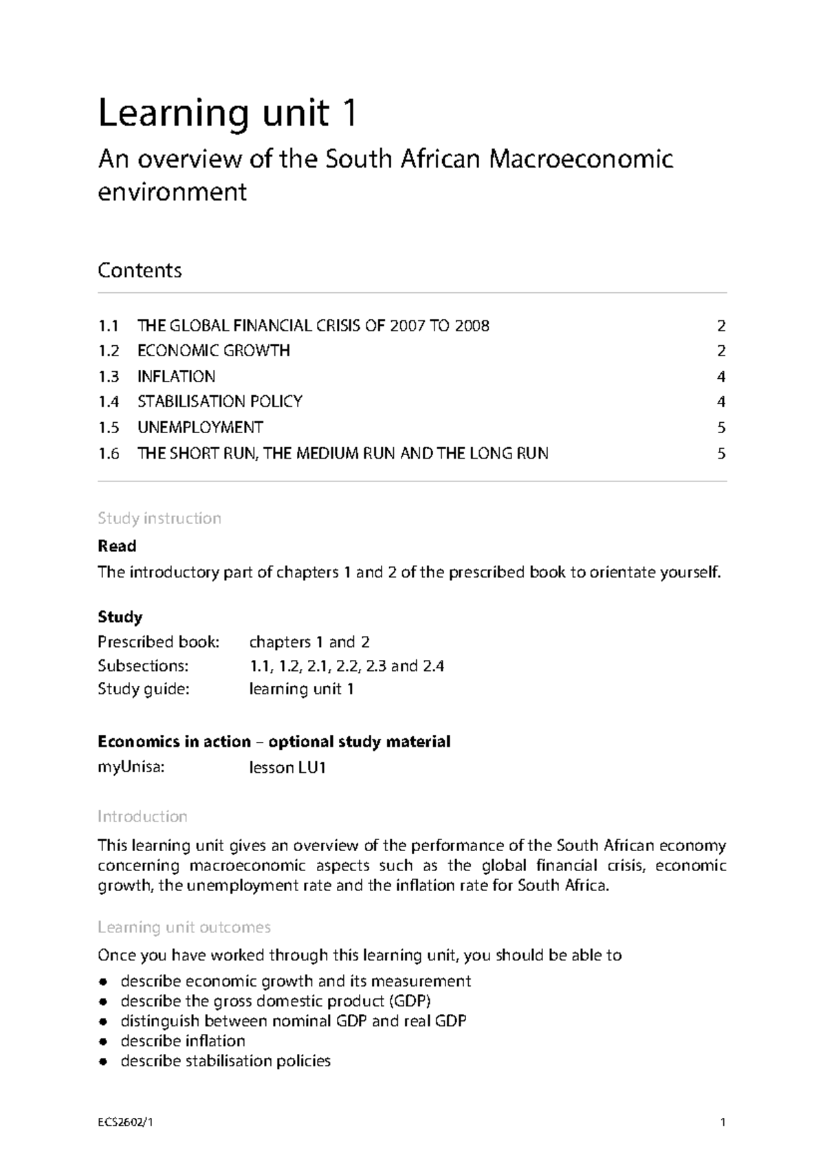 Learning unit 1 - Unit 1 - Learning unit 1 An overview of the South African Macroeconomic - Studocu