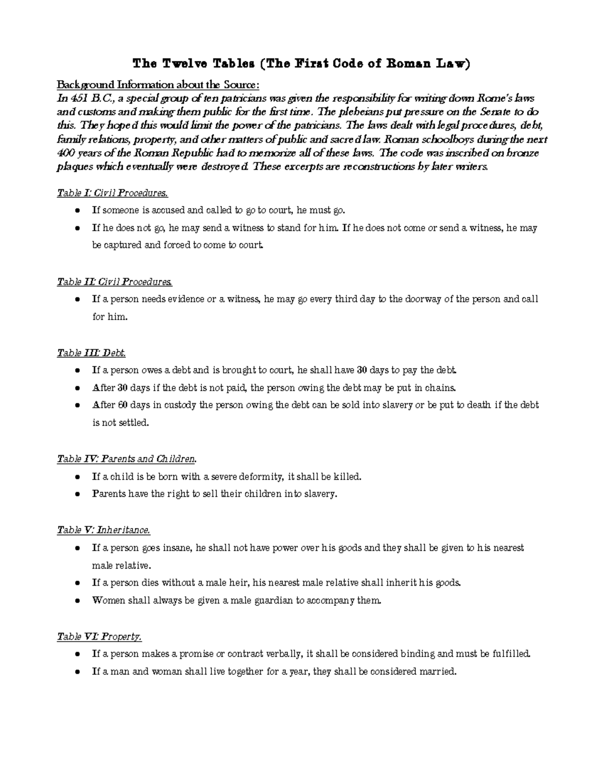 The Twelve Tables - Good work - The Twelve Tables (The First Code of ...