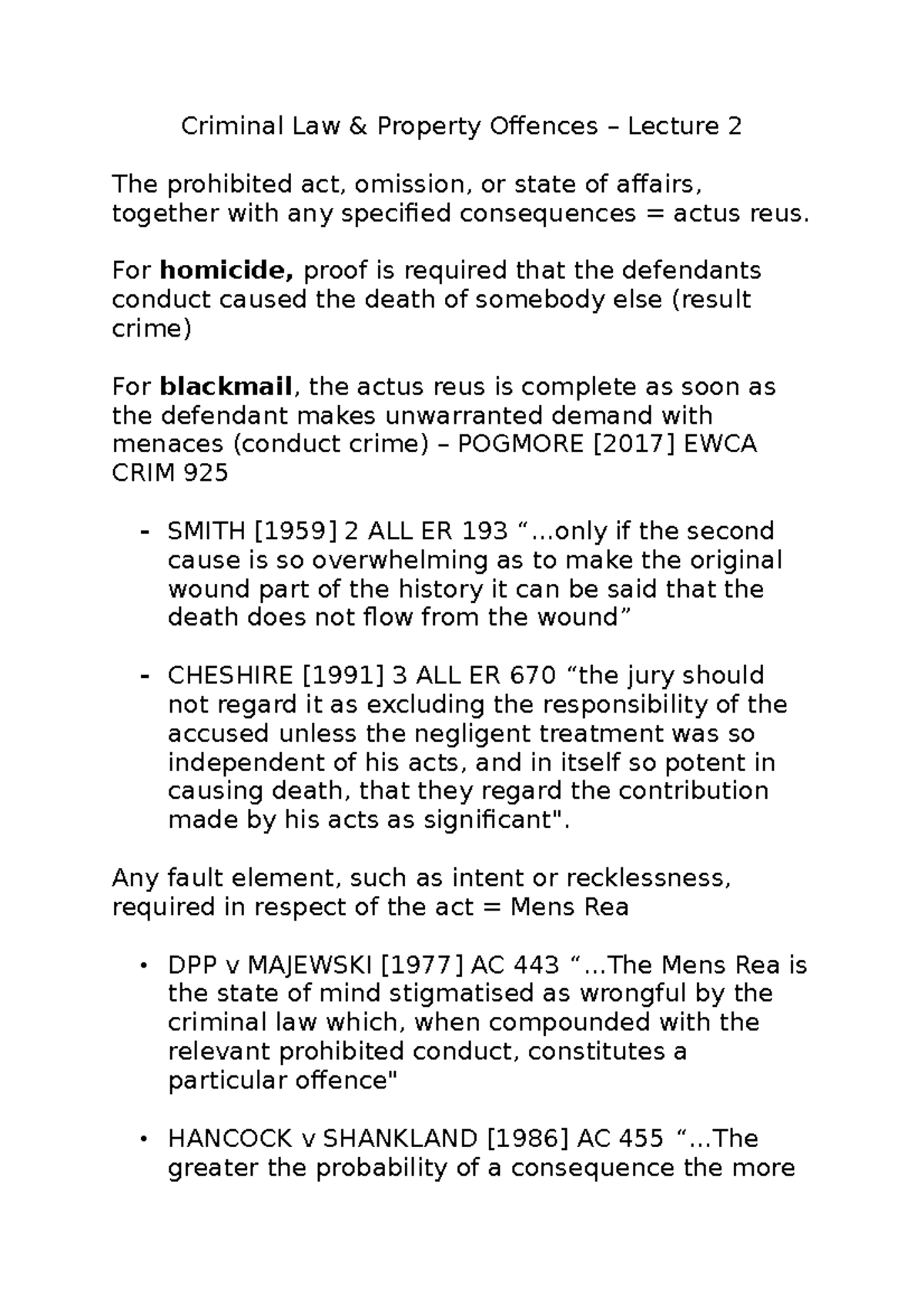 Lecture 2 Notes - Criminal Law & Property Offences – Lecture 2 The ...