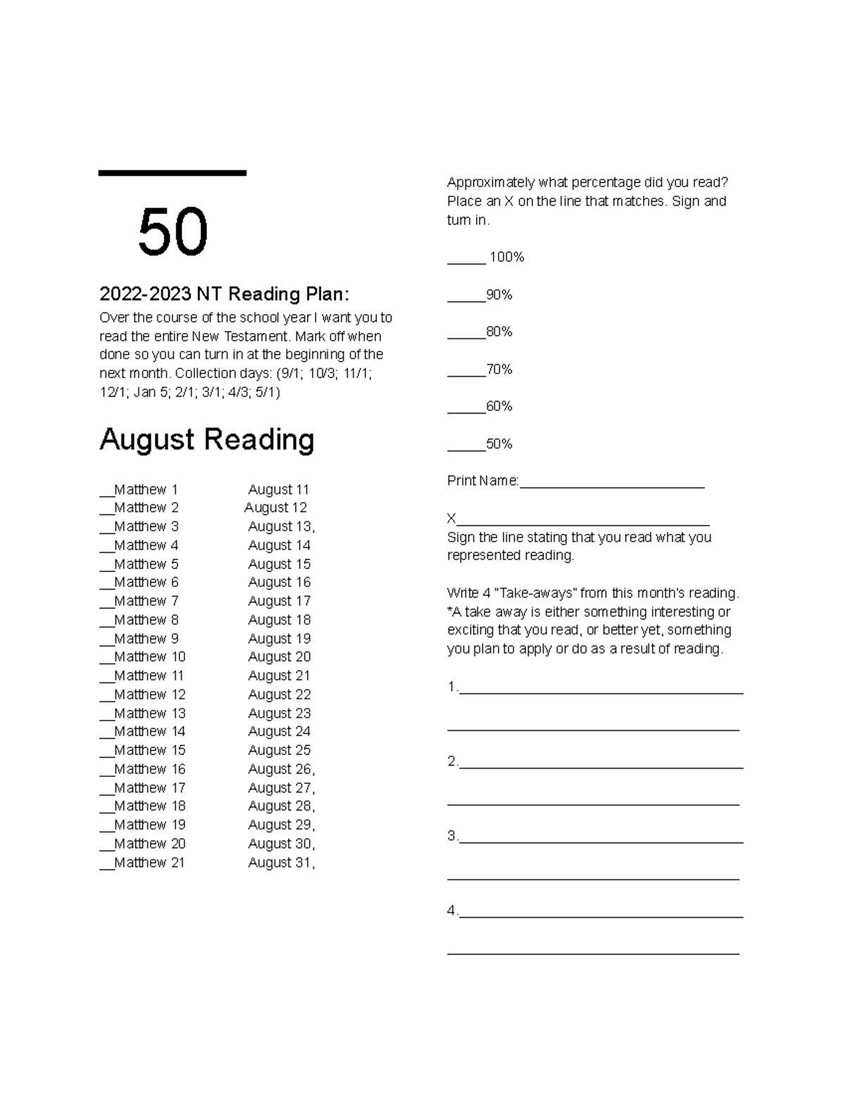 NT reading plan - fdddd - ____ 50 2022-2023 NT Reading Plan: Over the ...