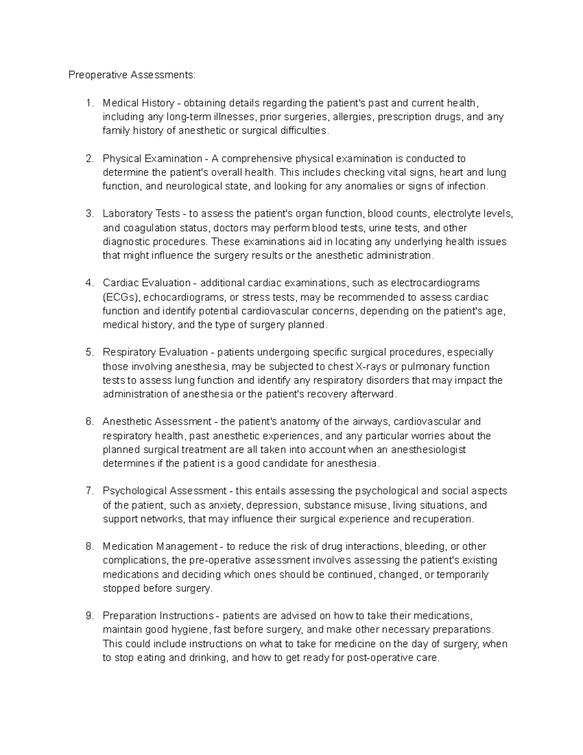 Pre Op & Post Op - notes - Preoperative Assessments: 1. Medical History ...