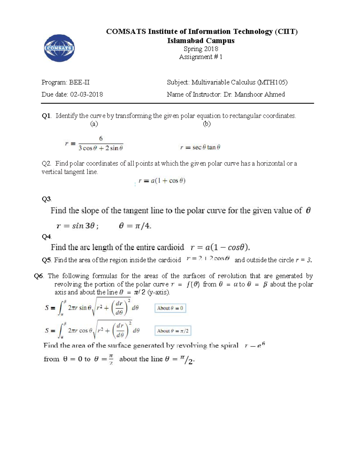 Multivariable Calculus Assignment #1 - CUI - Studocu