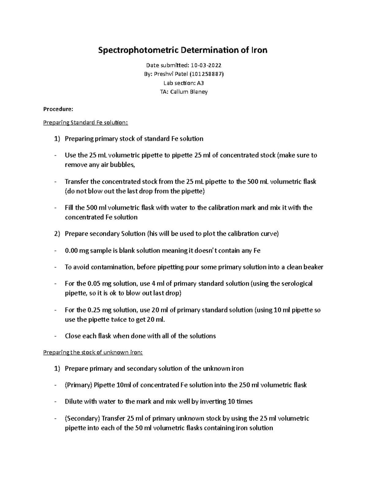 FE short report - Fe-pre lab - Spectrophotometric Determination of Iron ...